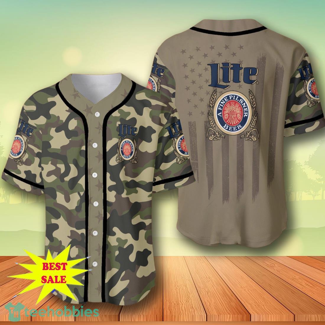 Miller Lite Camouflage Green United States Flag Baseball Jersey For Men ...